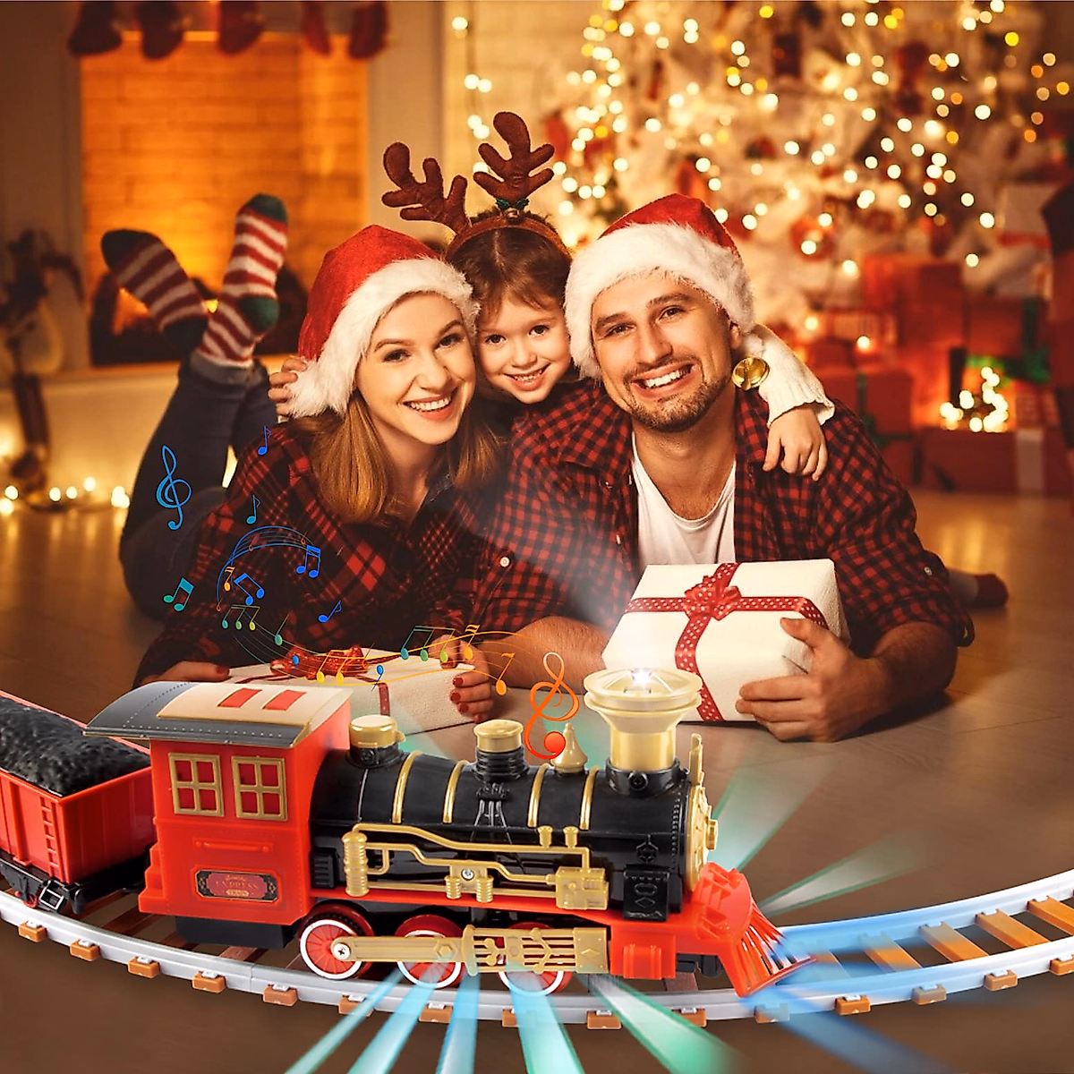 Ouriky Train Set - Electric Steam Train Set Toy for Kids with Smokes, Lights & Sounds, Railway Kits, Cargo Car & Tracks, Christmas Train Sets Under The Tree Gift for Boys Girls