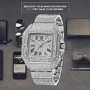 Gosasa Fashion Hip Hop Men's Crystal Watch Bling Bling Iced Out Watch Rectangle Case Stainless Steel Quartz Analog Bracelet Wristwatch (Silver)