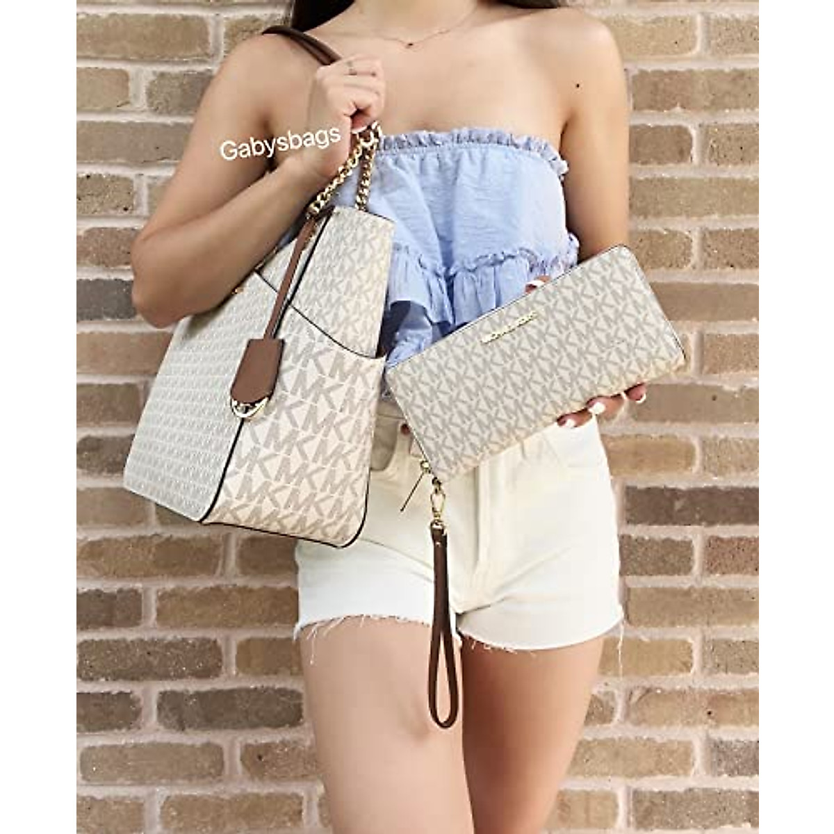 Michael Kors Jet Set Travel Large Chain Shoulder Tote Vanilla MK Signature Logo Bundled Jet Set Travel Continental Wristlet Vanilla Signature MK