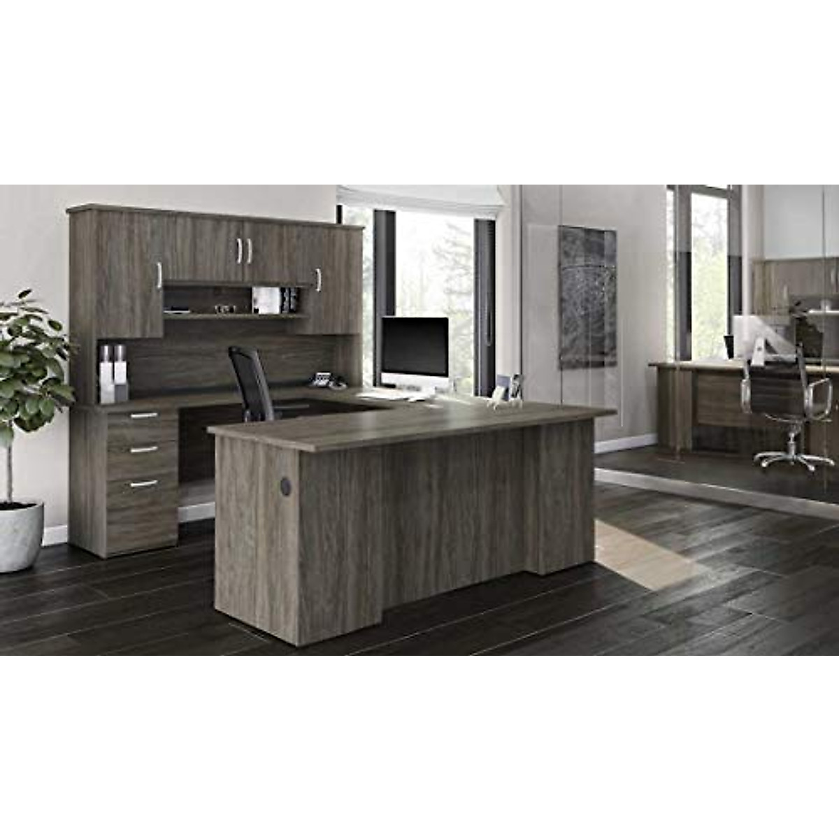 Bestar Murzim U or L-Shaped Executive Desk with Hutch, 71W, Walnut Grey