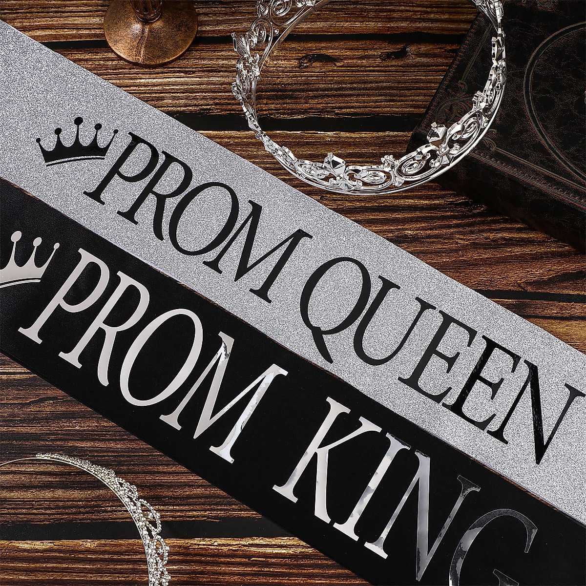 Lyrow 4 Pcs Prom King and Queen Crown Set with Sashes and Tiara Prom Sashes for Graduation Halloween Costume(Silver, Silver)