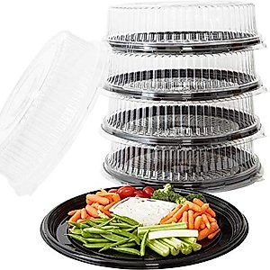 Avant Grub Heavy Duty, Recyclable 16 in. Serving Tray and Lid 5pk. Large, Black Plastic Party Platters with Clear Lids Dishware Plate, Elegant Round Banquet or Catering Trays for Serving