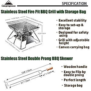 CAMPINGMOON Stainless Steel Portable Camping Grill & 8pcs of 13.8-inch Long Double Prong BBQ Skewers MT-2+MK-8