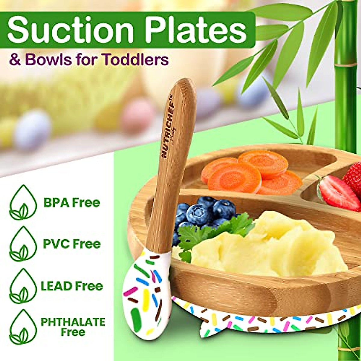 Baby Bamboo Dinnerware Set - 3 Partition Wooden Toddler Plate, Bowl, Cup & Spoon w/ Silicone Suction Base for Stay Put Feeding, BPA-Free, Hypoallergenic, For Children Aged 4-72 Mo. (Sparkle)