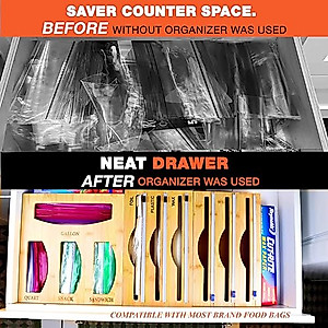 Mr Carib Chef Foil and Plastic Wrap Organizer, bamboo storage bag organizer for kitchen drawer, sandwich snack quart freezer bag organizer, baggie for kitchen plastic bag storage