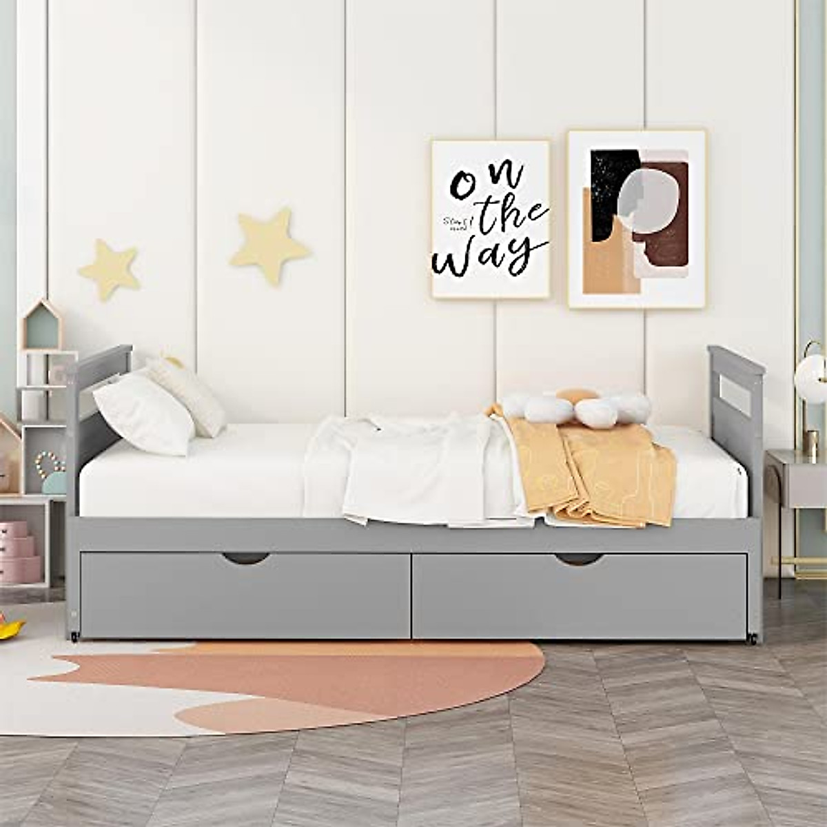 ODC Solid Wood Extendable Daybed,Twin to King Daybed with 2 Drawers,Wooden Daybed with Trundle,Convertible Sofa Bed for Bedroom Living Room