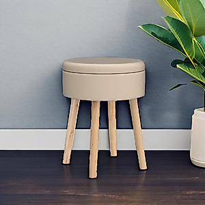 Mxfurhawa Storage Ottoman Linen Round Vanity Stool Tray Top Modern Foot Stool with Wood Legs Multifunctional Upholstered Foot Ottoman Rest for Living Room, Bathroom, Makeup (Beige)