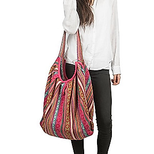 Tribe Azure Jacquard Cotton Shoulder Banana Style Fashion Travel Canvas Tote Bag Hobo Style Casual Market Purse Handbag (Pink)