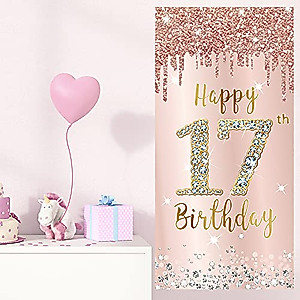 Happy 17th Birthday Door Banner Decorations for Girls, Pink Rose Gold 17 Birthday Door Cover Backdrop Party Supplies, Large Seventeen Year Old Birthday Poster Sign Decor