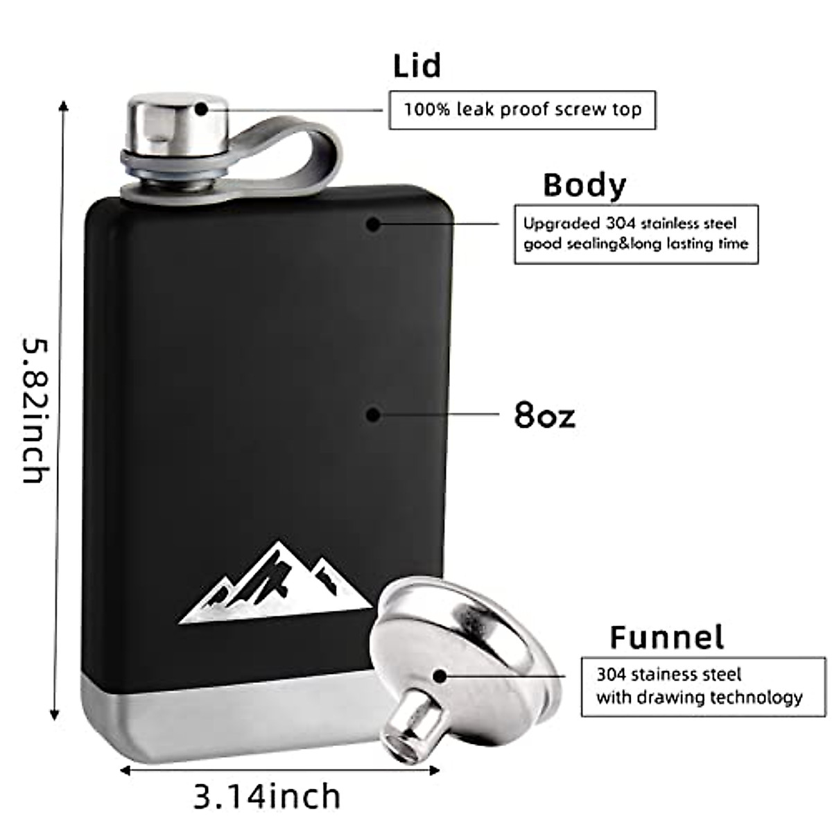 KWANITHINK Flask for Liquor for Men, Stainless Steel Camping Flask 8 oz with Funnel, Hip Flask Whiskey Flask with Integrated Steel Cap for Outdoor, Camping Hiking Climbing Exploration Black (8 oz)