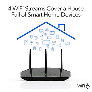 NETGEAR 4-Stream WiFi 6 Router (R6700AX) – AX1800 Wireless Speed (Up to 1.8 Gbps) | Coverage up to 1,500 sq. ft., 20 devices