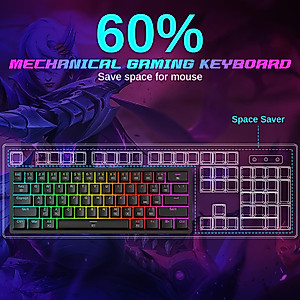 60% Keyboard Mechanical, Mini Wired Gaming Keyboard Compact 60 Percent Keyboard, RGB Backlit Hot-Swappable Red Switch Fully Programmable for Windows Laptop PC Mac,K642 Black- Transparent