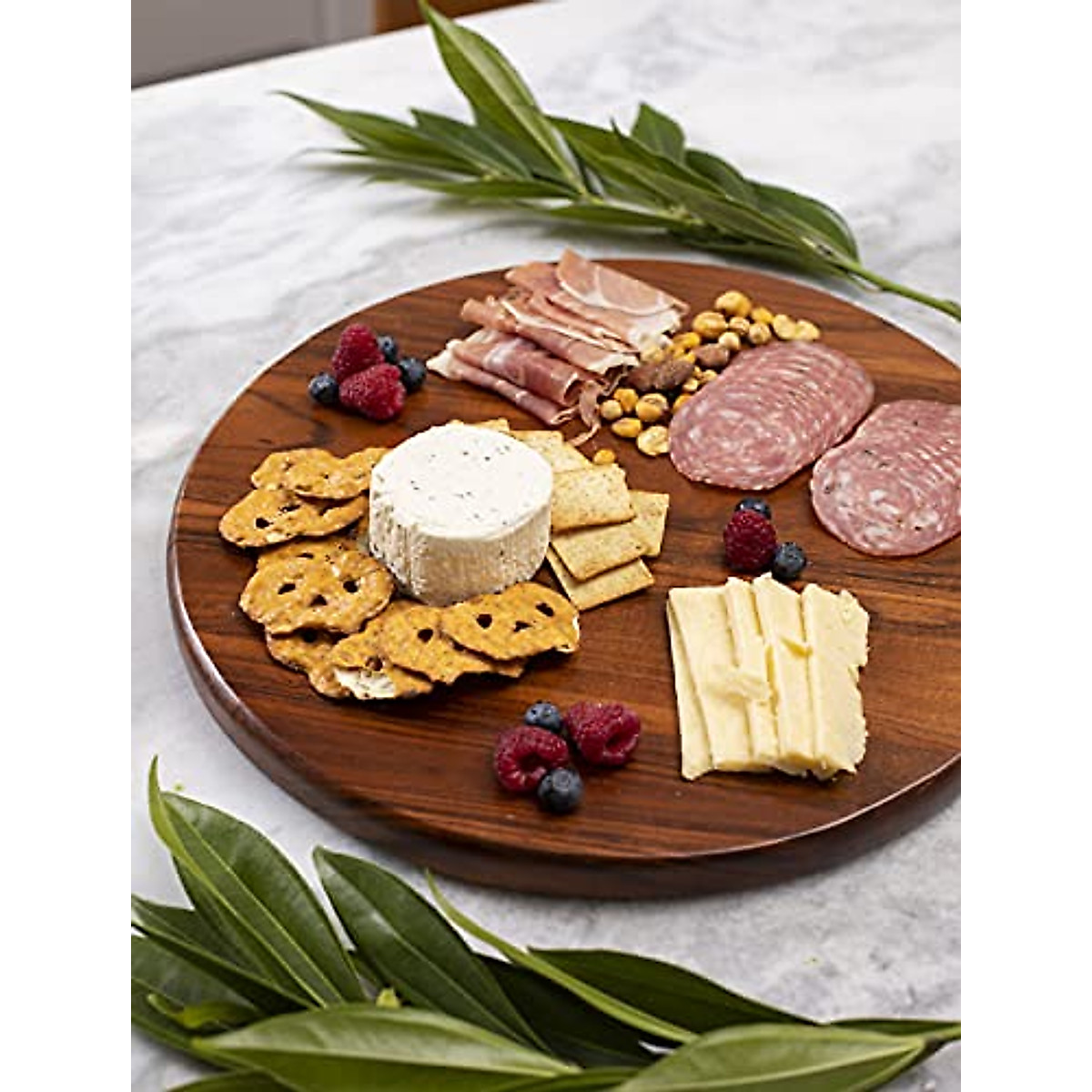 BIRDROCK HOME 15” Round Acacia Wooden Cheese Serving Board with Handle - Medium - Party Charcuterie Board for Appetizers Wood Food Kitchen Platter - Pizza Fruit Display - Espresso