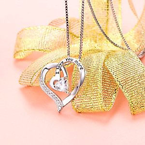FLYOW I Love You More Heart Necklace for Women Sterling Silver CZ Pendant 18 Inch, Best Valentine's Day Jewelry Gifts (I Love You More)