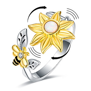 Sunflower Fidget Spin Bee Rings - 925 Sterling Silver Adjustable Open Ring Opal You are My Sunshine Ring Spinner Chrismas Mother's Day Birthday Jewery Gift for Teen Girls Women
