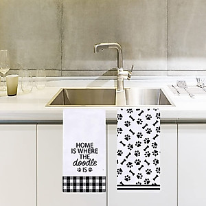 Home is Where The Doodle is Kitchen Dish Towels 18 x 28 Inch Set of 2,Dog Paw Farmhouse Towels Dish Cloth for Cooking Baking