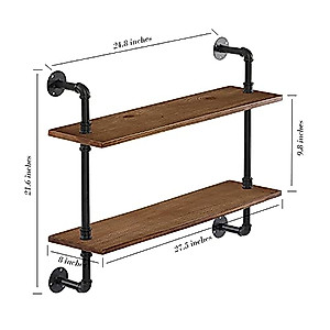 MOCOME 27.5" Industrial Pipe Shelving,Iron Pipe Shelf with Wood for Kitchen,Wall Mounted Shelf Rustic Black Pipe Floating Shelves for Bathroom 2 Tier,Brown