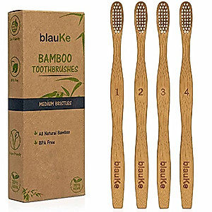 Bamboo Toothbrushes Medium Bristles 4-Pack – Biodegradable, Sustainable, Compostable, Natural, Eco Friendly Wood Toothbrush Set – BlauKe®
