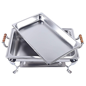 8 Quart Stainless Steel Chafing Dish Buffet Set, Retro Silver Rectangular Catering Chafer Warmer Set with Wooden Handle Fuel Holder, Stainless Steel Buffet Servers for Kitchen Party Banquet Dining