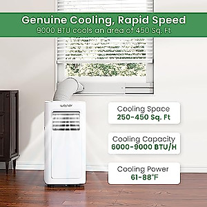 Waykar 9,000 BTU Portable Air Conditioner up to 450 Sq. Ft with Dehumidifier and Fan Mode, 3-in-1 Room AC with Drain Hose, 24Hrs Timer, Installation Kit for Home Office