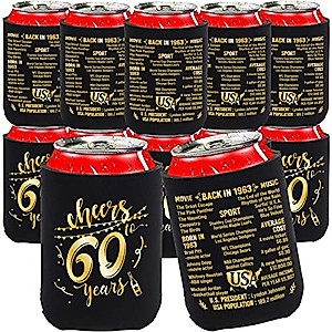60th Birthday Decorations for Men Women Happy Sixty Birthday Party Decor Supplies 1963 Vintage- 60 Years Old Birthday Party Beverage Can Cooler Sleeves (12 Pack) Black & Gold Turning 60 BC004