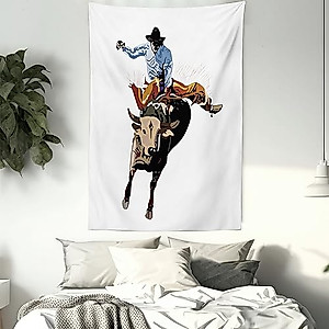 Ambesonne Rodeo Tapestry Twin Size, Yea Haw Cowboy Bucking Bull Western Sports American Graphic, Wall Hanging Bedspread Bed Cover Wall Decor, Twin Size, Rust Beige