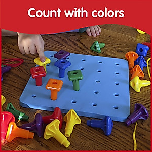 edxeducation Geo Pegs and Peg Board Set - 36 Pegs in 3 Shapes and 6 Colors + 3 Laces - Ages 18m+ - Homeschool Supplies for Preschool Activities
