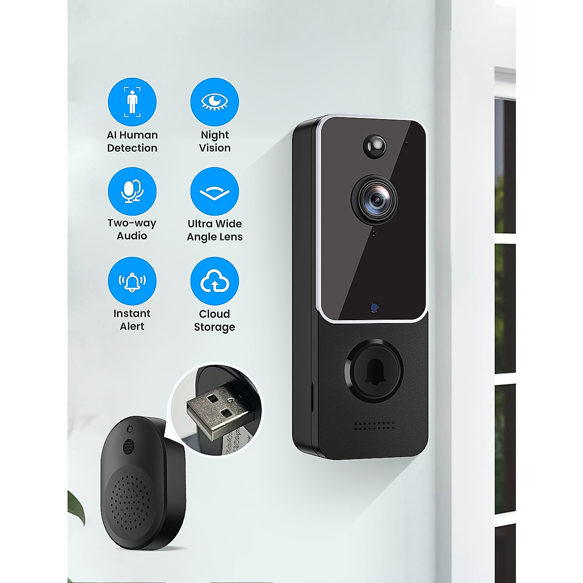 Aiwit Doorbell Camera Wireless, Indoor/Outdoor Surveillance Video Cam, Smart AI Human Detection, Live View, Included Chime Ringer, 2.4G WiFi, 2-Way Audio, Night Vision, Cloud Storage