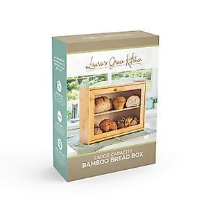 Laura's Green Kitchen Large Bread Box with Clear Front Window - Bamboo Wood - Farmhouse Style - Double Layer Storage Bin Holds 2 Loaves - Fully Assembled