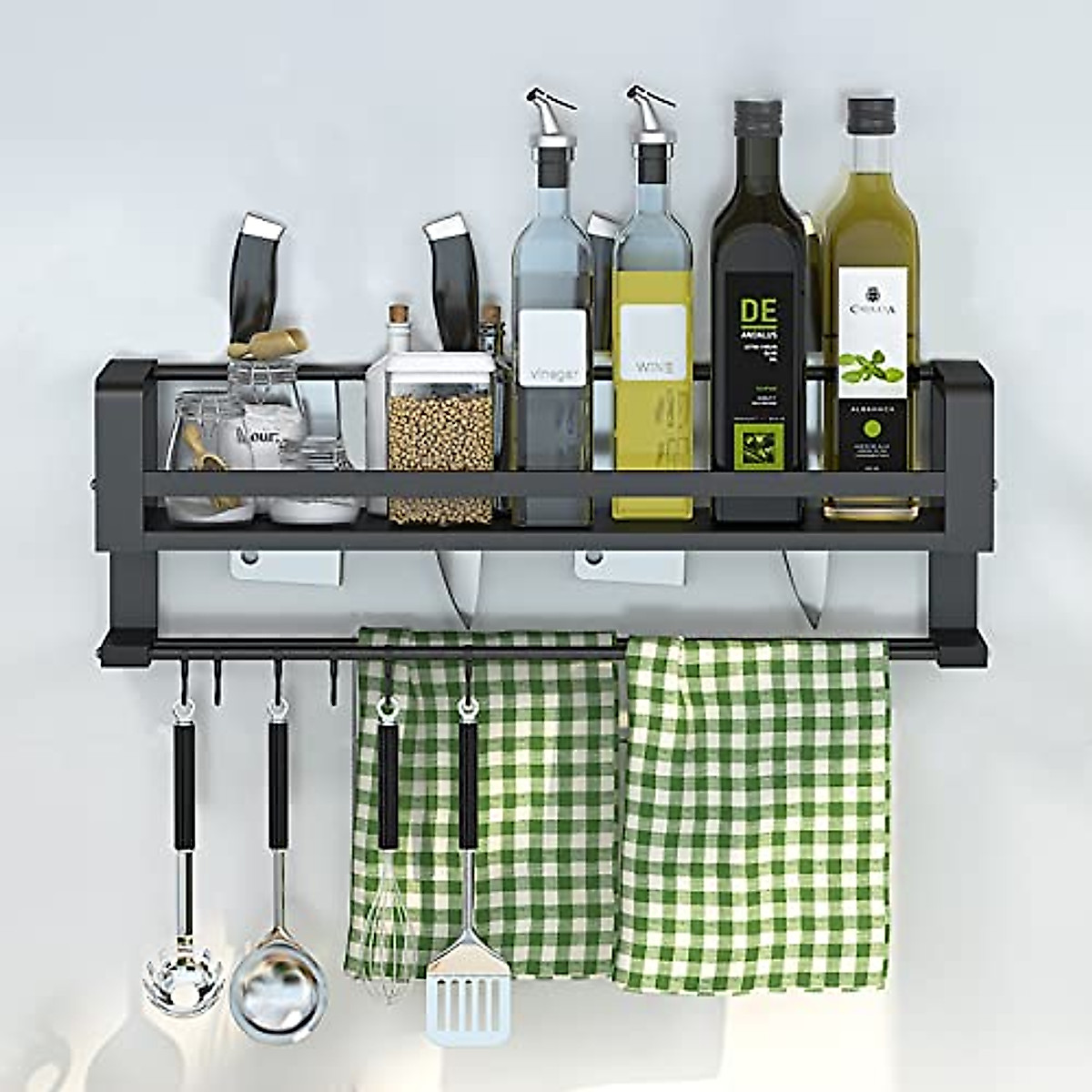Shower Caddy, Black Strong Adhesive Shower Shelves, Shower Organizer Shelf with 6Hooks Towel Rack Basket, Rustproof Wall-Mounted Shower Racks for Inside Shower, Kitchen Bathroom Organizer, No Drilling