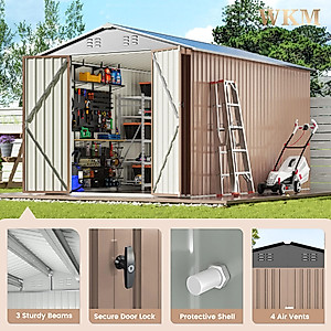 WKM Outdoor Storage Shed 8x12 FT, Utility Metal Tool Storage with Lockable Doors and Updated Frame Structure, Large Metal Garden Shed for Backyard, Patio Lawn, Brown