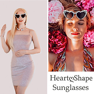 Long Keeper Love Pearl Sunglasses for Women Luxury Vintage Heart Sun Glasses Party Festival Cat Eye Bling Sunglasses UV400 (White)