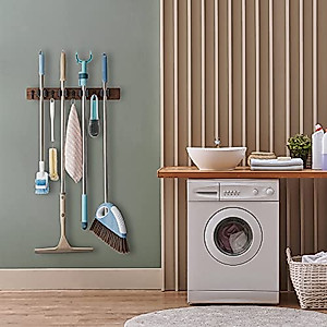 OUTNILI Mop Broom Holder Wall Mount Wood Broom Mop Hanger - Wall Mounted Garden Tool Rack Organizer for Closet Garage Laundry Room Kitchen Decor With 4 Slots & 4 Hooks