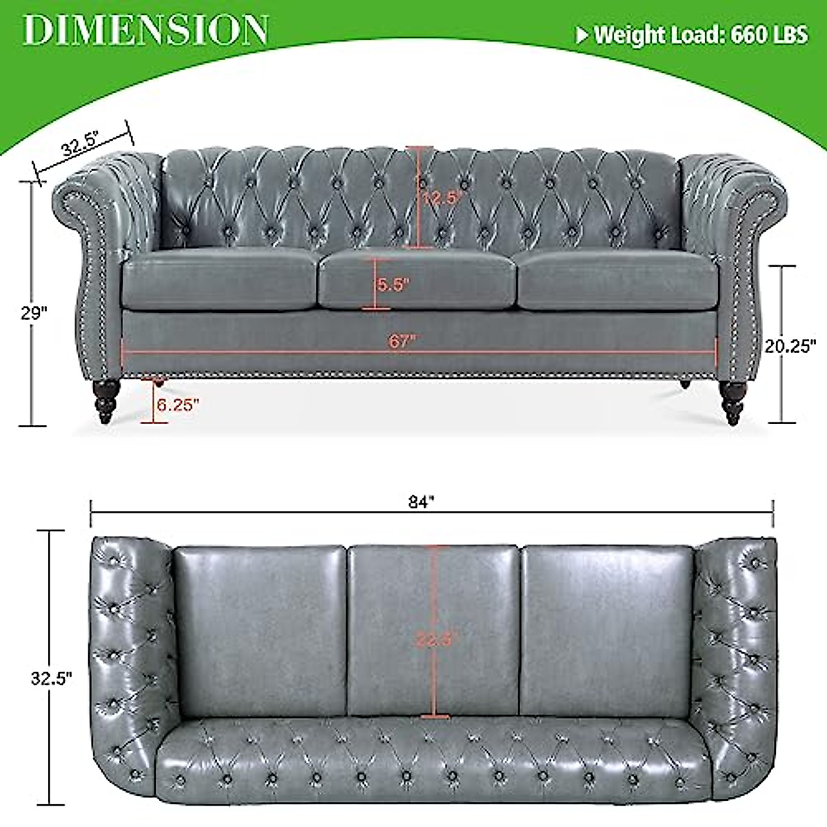Gray 3 Seat Sofa, Retro Chesterfield Sofa Couch with Rolled Arms, 84.65" PU Leather Three Seater Sofa Couch for Living Room Bedroom Office