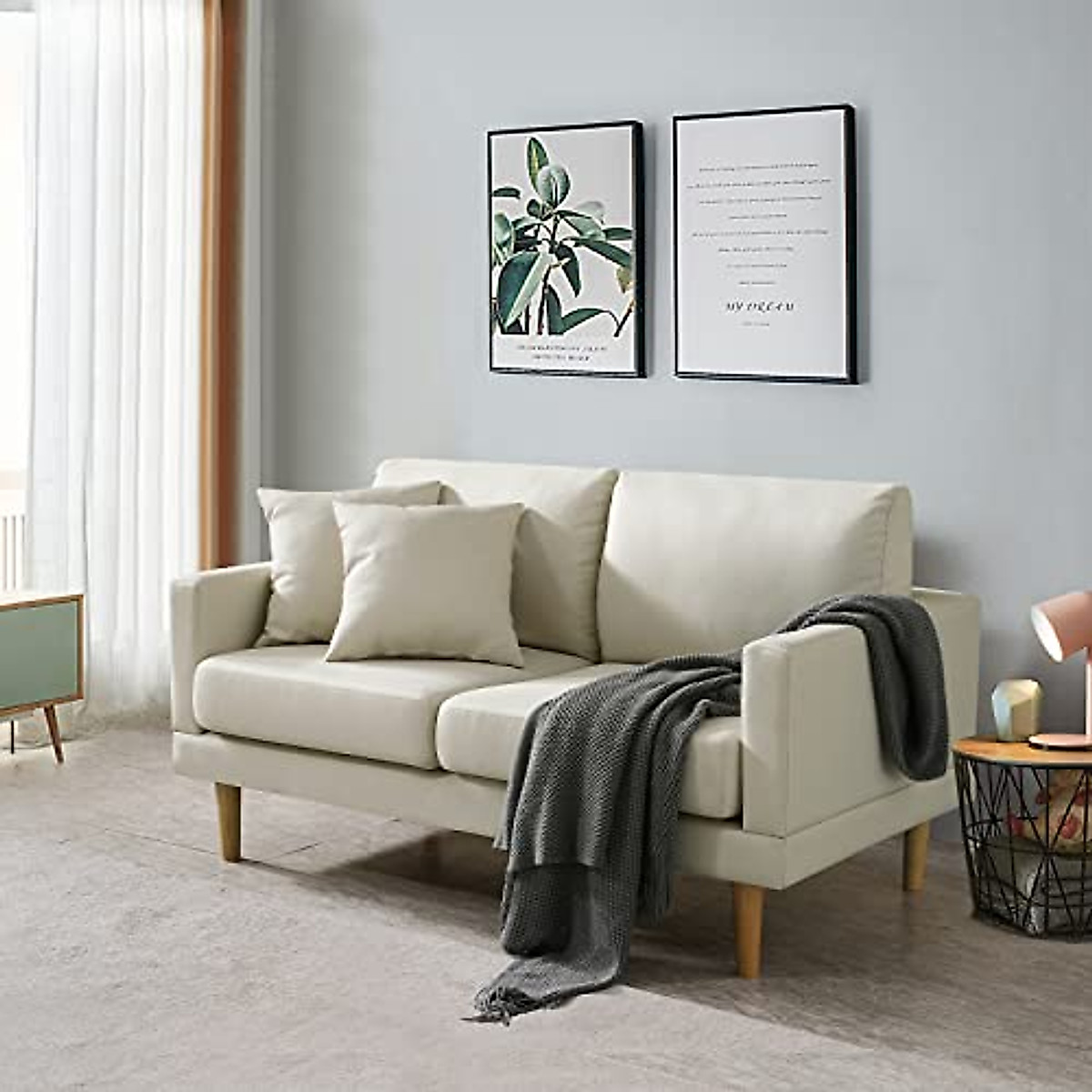 Husbedom 59" Loveseat Sofa, Modern Small Couches for Small Spaces, Living Room, Bedroom, Apartment, Dorm, with Throw Pillow, Beige