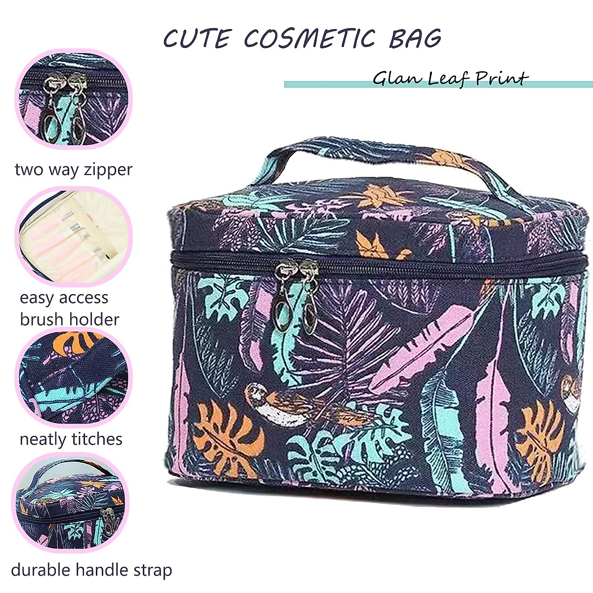 L&FY Cosmetic Bags For Women,Girls,Travel Makeup Organizer Portable Toiletry Bag With Handle,Large Capacity Skincare Bag (dark blue/Gran Leaf)