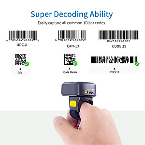 Alacrity 2D Wireless Ring Barcode Scanner,Portable Bluetooth Wearable Finger 1D 2D Mini Bar Code Reader Scanner Suppot Screen Scanning with Bluetooth & 2.4GHz Wireless & Wired Connection Scanner
