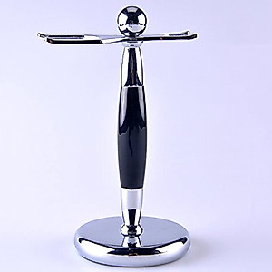 Deluxe Stainless Steel Shaving Brush Stand Holder for Razor & Brush - Extra Wide Openings, Weighted Base Black Handle