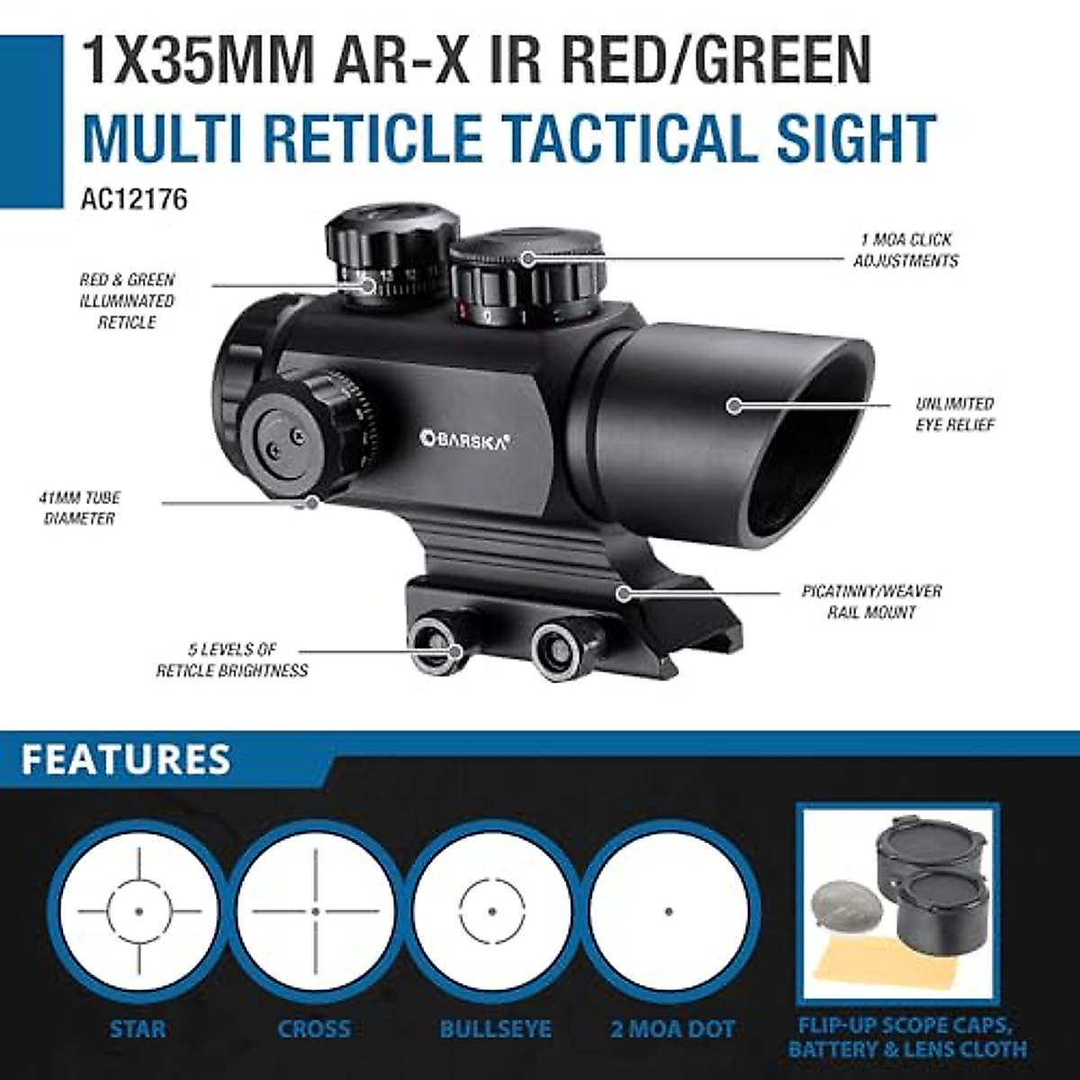 Barska AC12176 1x35 Red Dot Rifle Scope Illuminated Red/Green Multi Reticle with Mount, Matte Black