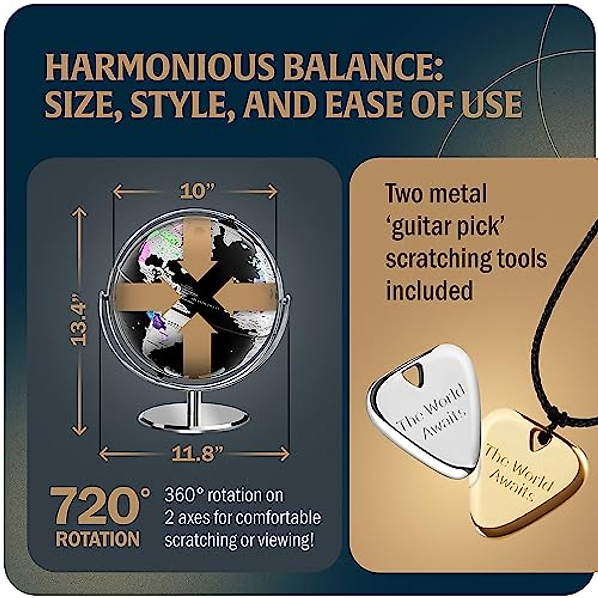 Scratch Off World Globe with Stand for Home and Office Decor | 10” Sphere Earth Globes with Scratchable Foil | A Unique Travel Gift for Travelers | World Map Desktop Globe | Travel Map Scratch Map (Globe - Black & Silver)