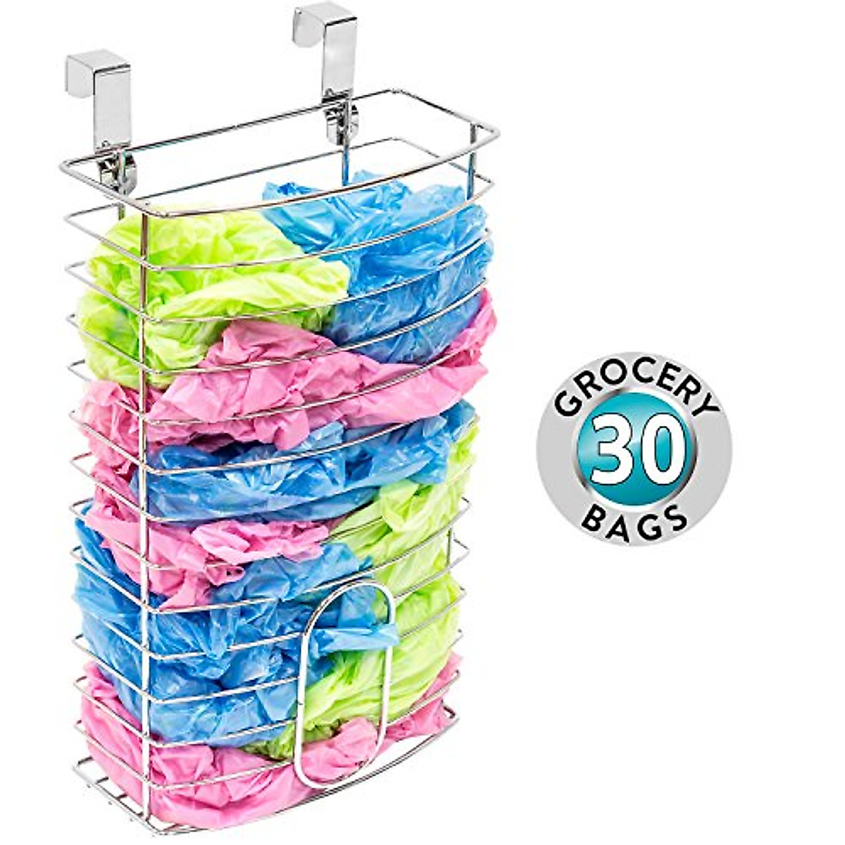 Tatkraft Fun Over The Door Grocery Bag Holder, Versatile and Easy To Use, Easy To Place on Shelves, Walls, or Cabinets, Made of Chromed Steel