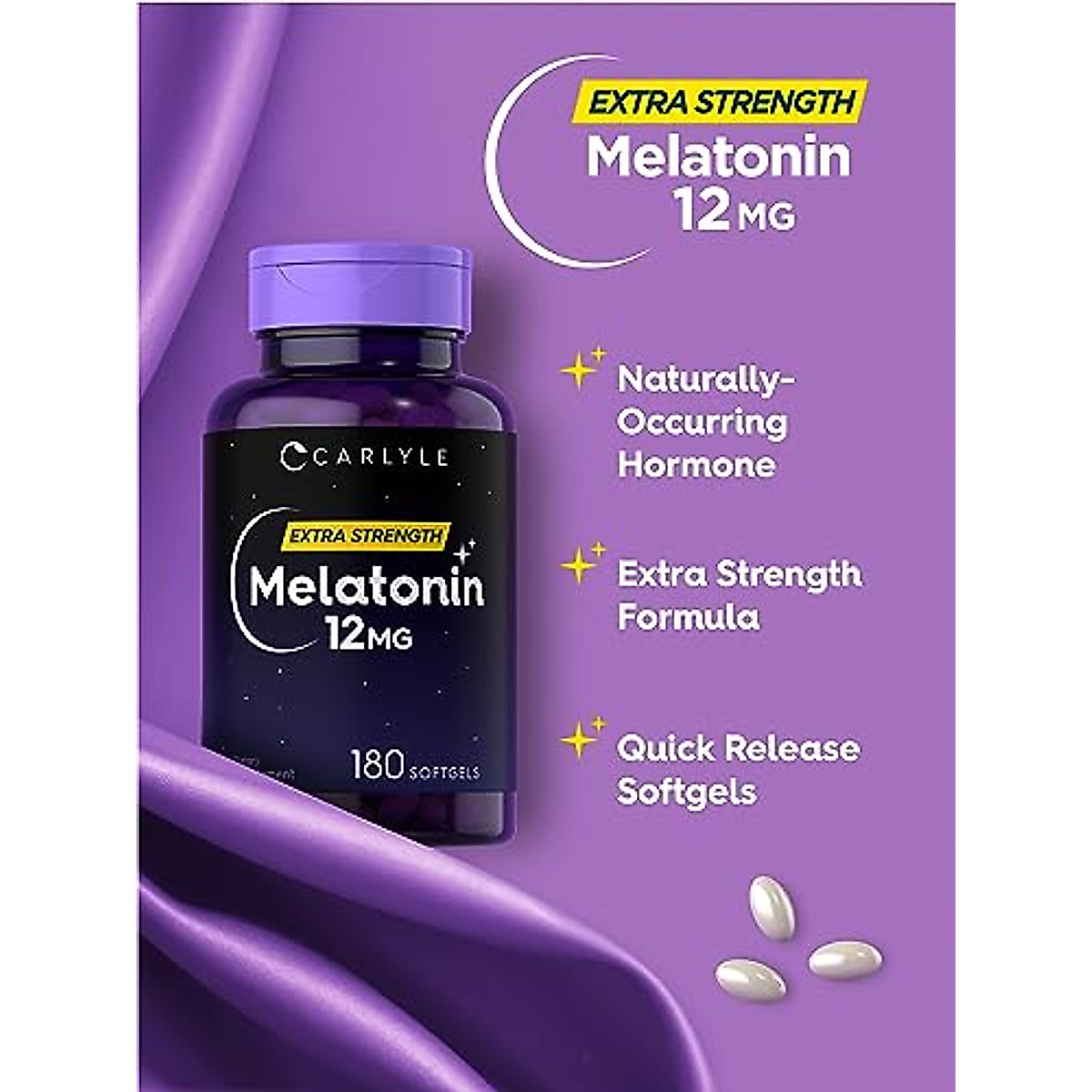 Melatonin 12 mg | 180 Softgel Capsules | Adult Extra Strength Support Supplement | Non-GMO, Gluten Free | by Carlyle
