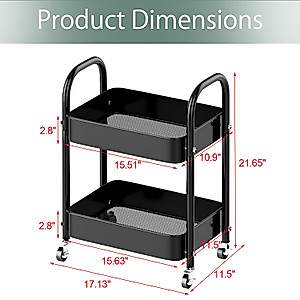Melody House 2 Tier All-Metal Rolling Cart,Rolling Storage Cart with Handle and Locking Wheels Kitchen Cart,Laundry Office Bathroom Storage Organizer Cart with Wheels, Black
