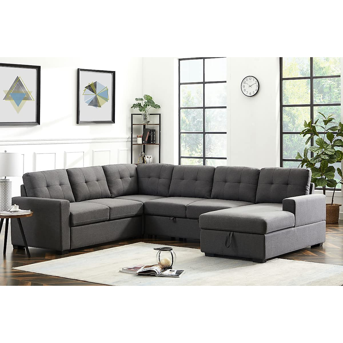 FANYE U Shaped Oversized Upholstered Sectional Sofa with Pull Out Sleeper Couch Bed and Storage Chaise Lounge, U-Shaped Sofa & Couch for Living Room Furniture Sets