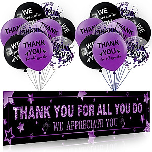 We Appreciate You Decorations Black Purple Appreciate You Banner with 18 pcs Balloons Thank You Yard Sign for Teacher Employee Staff Doctors Nurse Poaster Volunteer Appreciation Week Party Decor