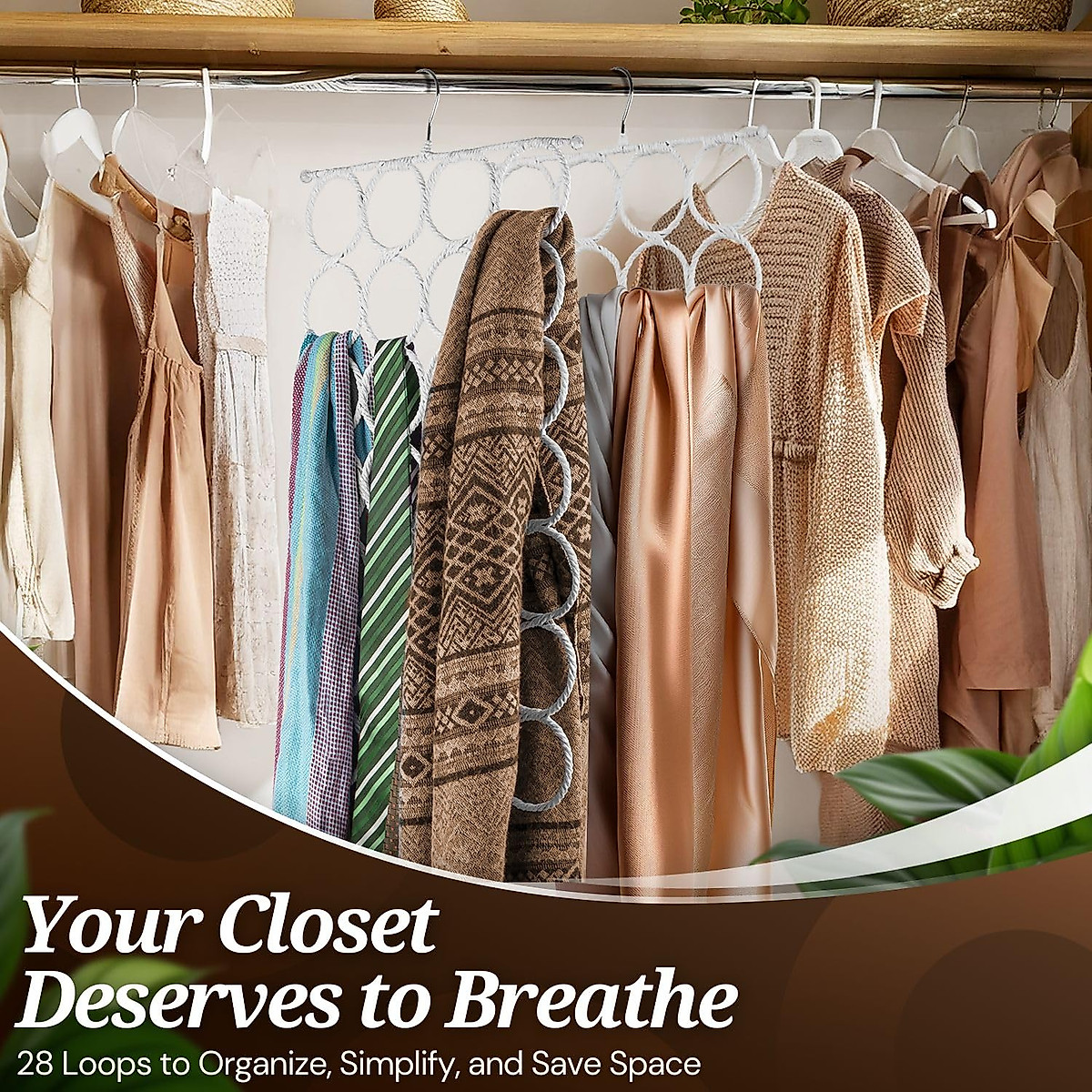 Flexzion Scarf Organizer for Closet - 28 Slot Scarf Hanger Hijab Organizer, Space Saver for Socks, Shawls, Ties, Towels, Belts, Multi Purpose Hanging Rack Storage, 2 Pack Colors May Vary