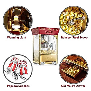 Olde Midway Movie Theater-Style Popcorn Machine Maker with 8-Ounce Kettle - Red, Vintage-Style Countertop Popper