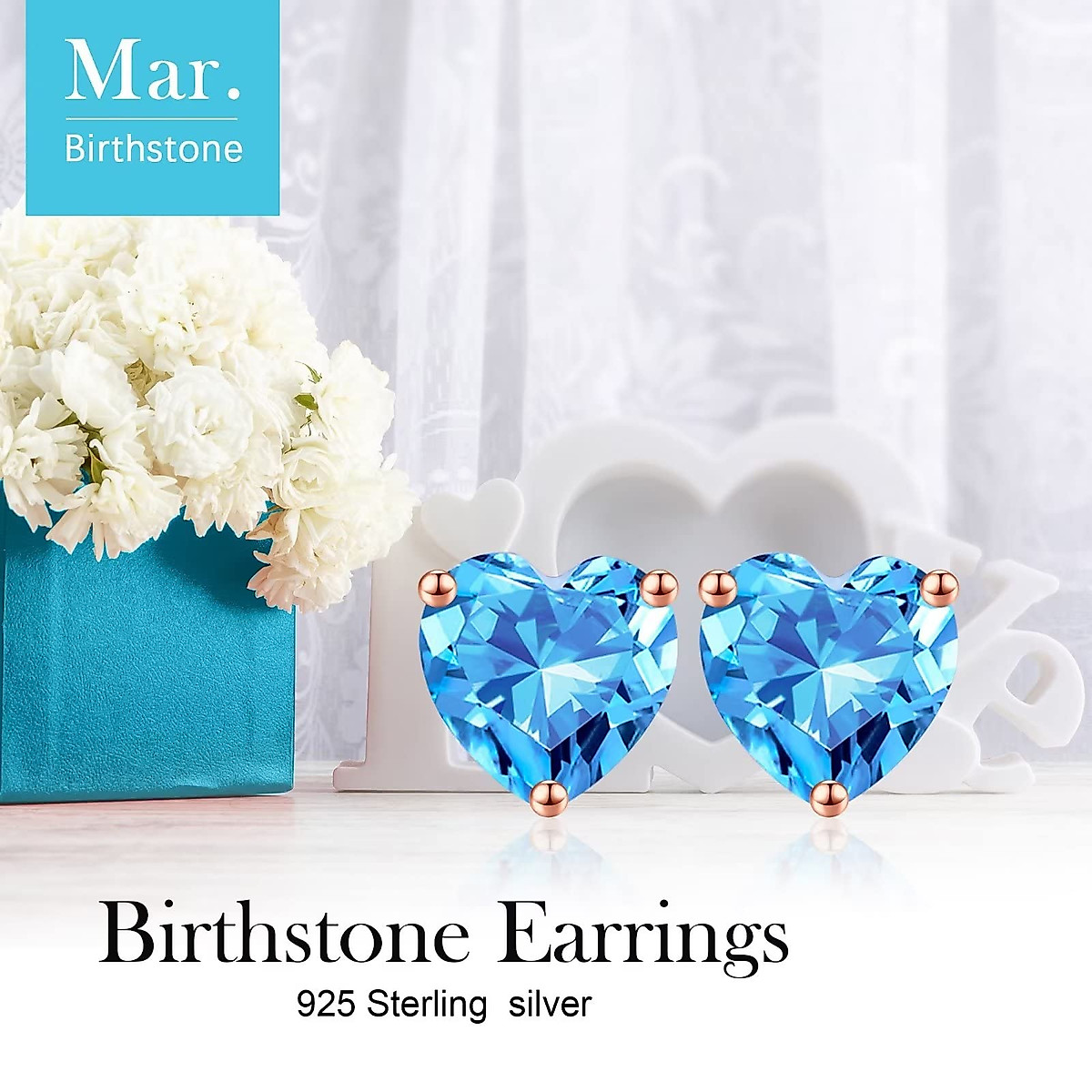 March Birthstone Aquamarine Earrings for Women, 925 Sterling Silver Heart Stud Rose Gold Earrings for Women Blue Earrings Jewelry Mothers Day Valentines Christmas Birthday Gifts for Women Her