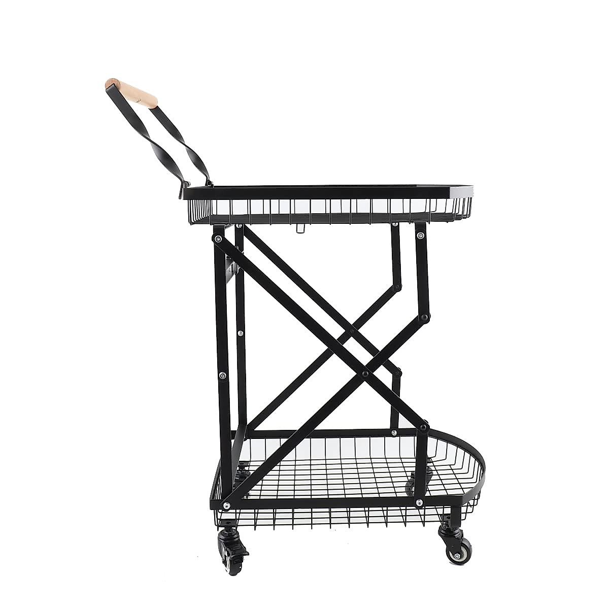 CYJZWOH Multi Use Functional Collapsible Carts, 2-Tier Metal Mobile Folding Trolley Shopping Cart, with Wooden Handle, Lockable Wheels for Office, Living Room, Kitchen, Picnic(Black)
