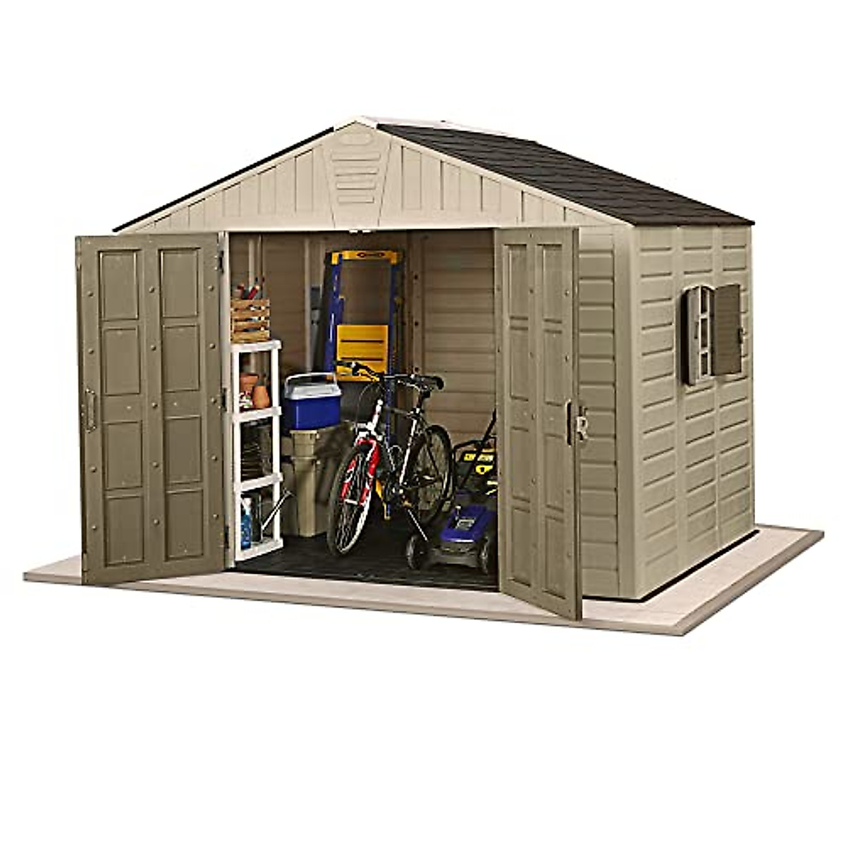 Keter Stronghold 10x8 Large Resin Outdoor Shed for Patio Furniture, Lawn Mower, and Bike Storage, Taupe